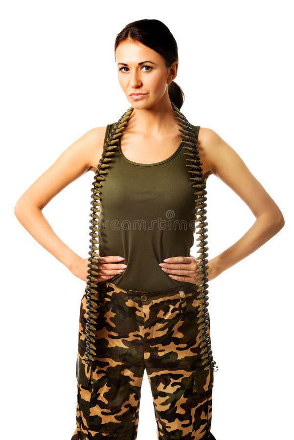 Military Woman Wearing Bullet Belt and Shooting Stock Photo - Image of ...