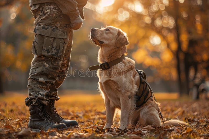 Military Working Dog Sitting Next To Soldier Outdoors Stock Image ...