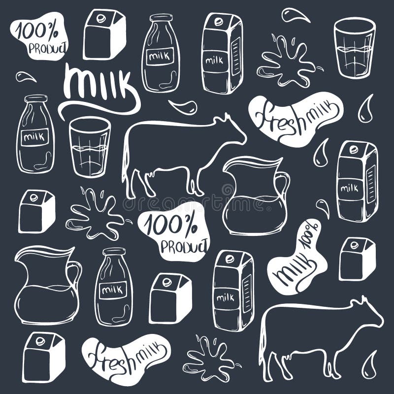 Milk Background. Hand Draw Milk Icon Set. Stock Vector - Illustration ...