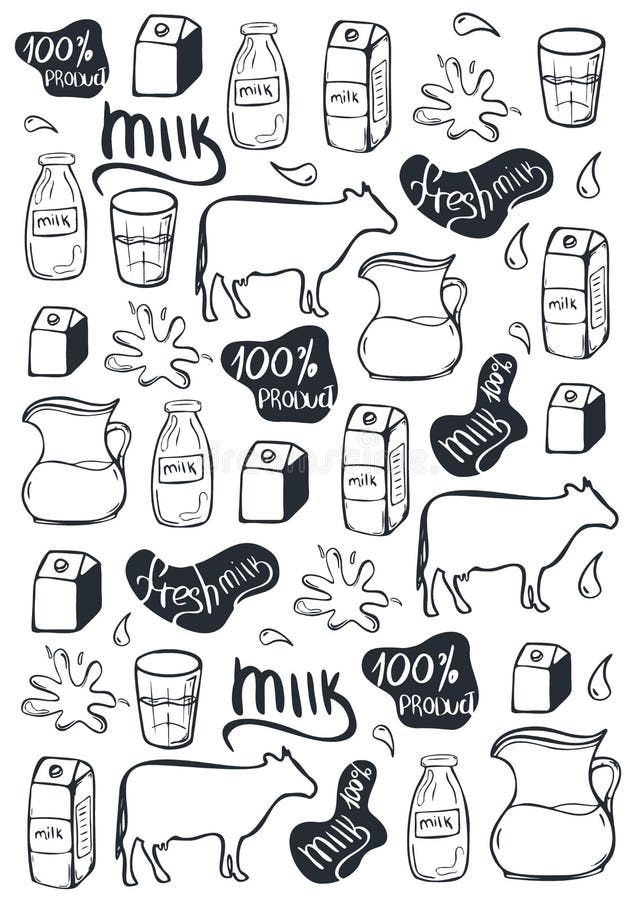 Milk Background. Hand Draw Milk Icon Set. Stock Vector - Illustration ...