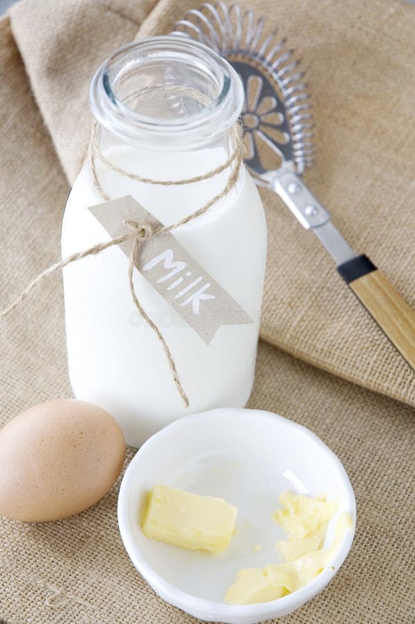 Milk Bottle with Butter and Egg Stock Photo - Image of fitness, butter ...