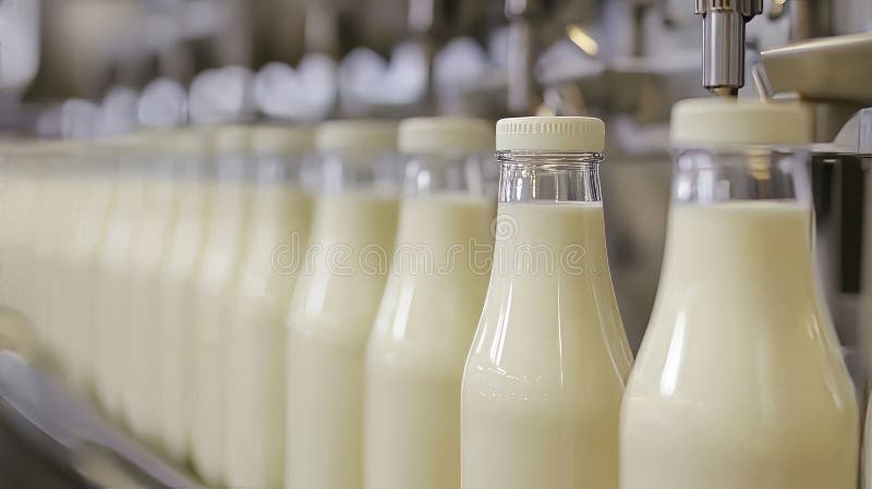 Milk Bottles on an Assembly Line Filling Machine, Dairy Production ...