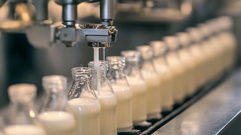 Milk Bottles Being Filled on an Assembly Line at a Dairy Processing ...