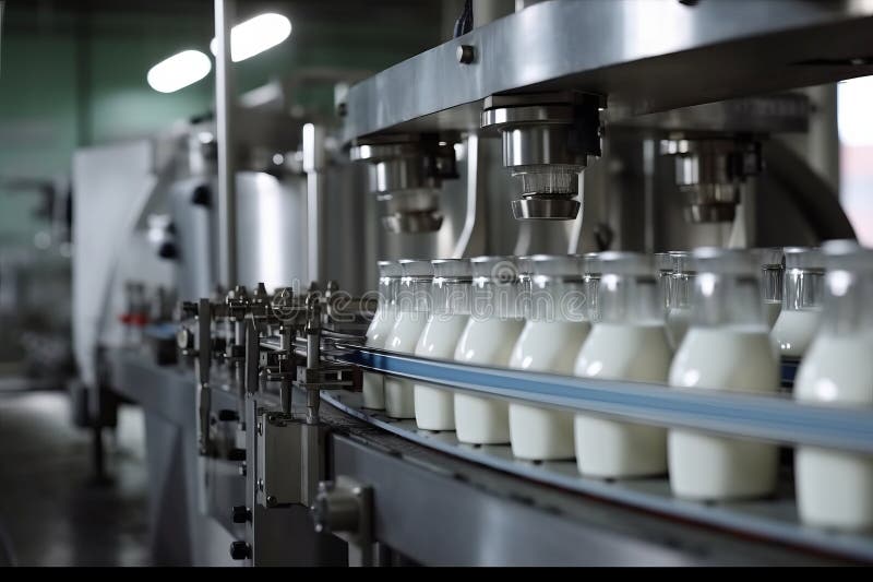 Milk Bottles on a Conveyor Belt in a Modern Dairy Factory Stock ...