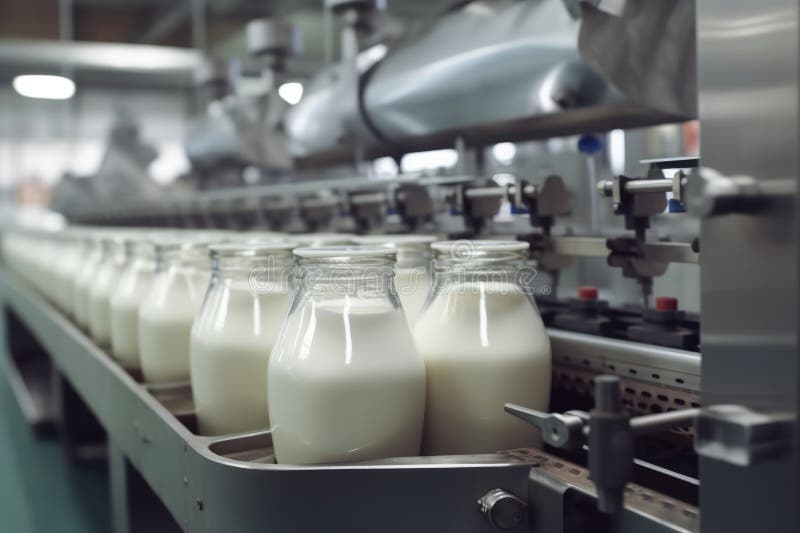 Milk Bottles on a Conveyor Belt in a Modern Dairy Factory Stock ...