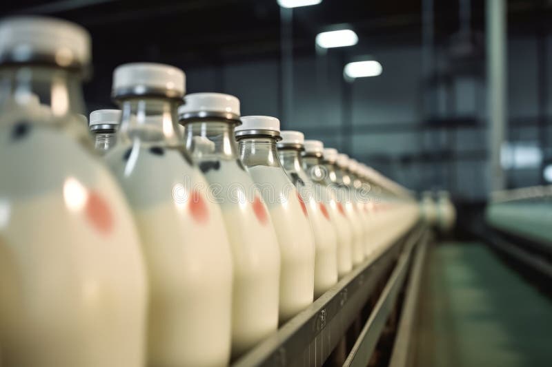 Milk Bottles on a Conveyor Belt in a Modern Dairy Factory Stock ...