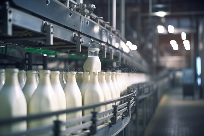 Milk Bottles on a Conveyor Belt in a Modern Dairy Factory Stock ...