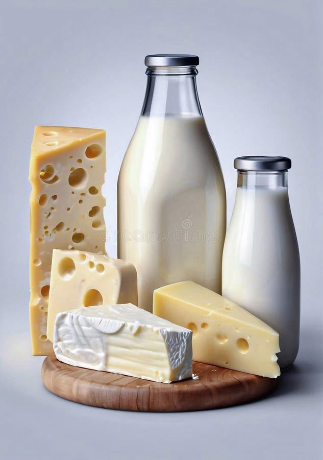 Milk in Bottles and Different Types of Cheese. Generative AI Stock ...