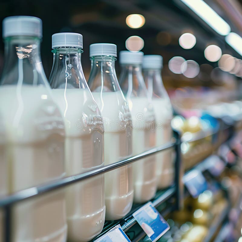 Milk Bottles Lined Up in Grocery Store Stock Photo - Image of market ...