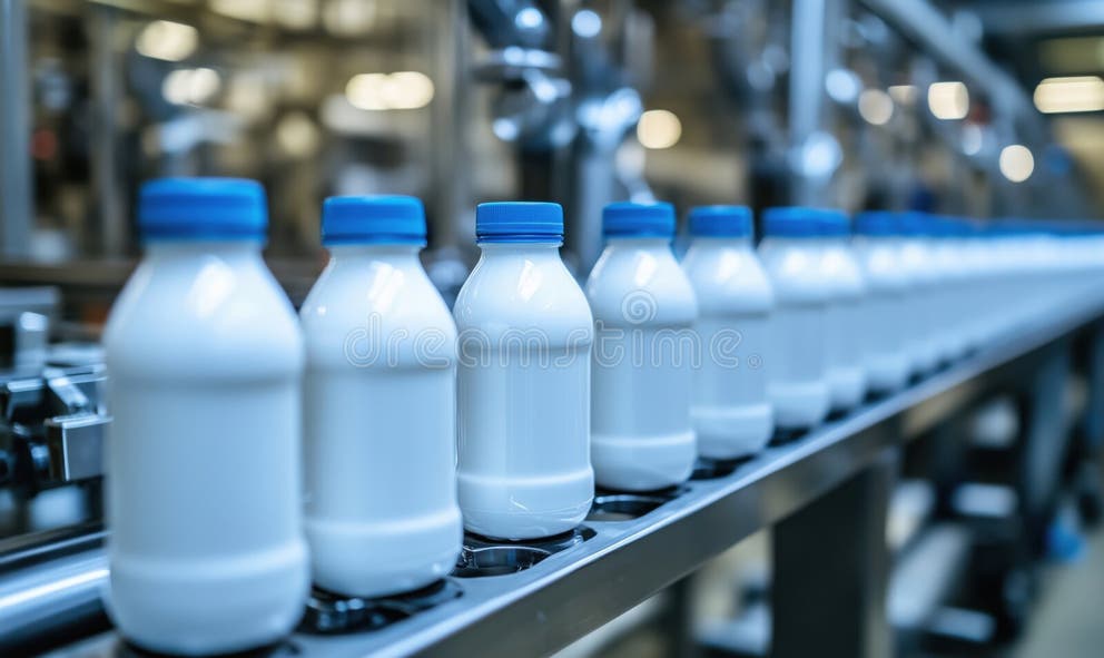 Milk Bottles on Production Line in Dairy Processing Facility Stock ...