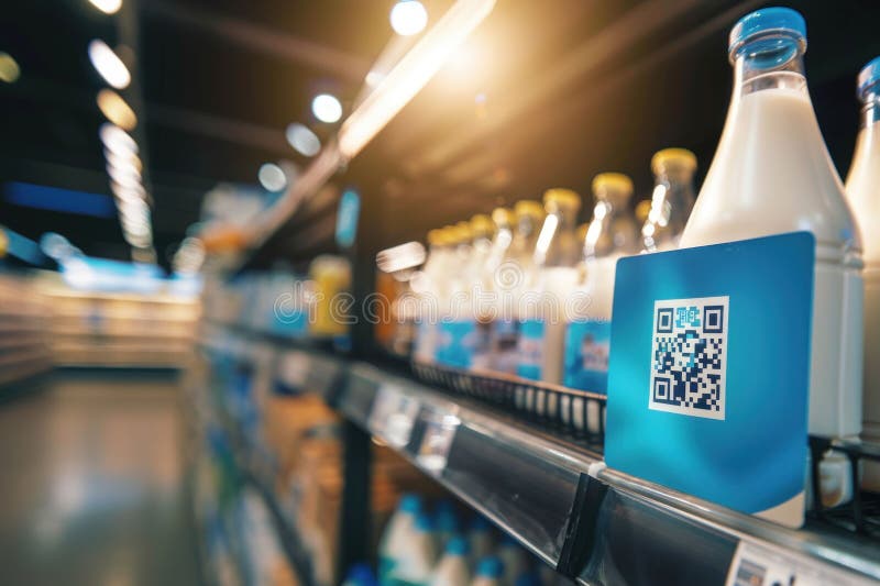 Milk Bottles with QR Code in a Grocery Store. Generative Ai Stock ...