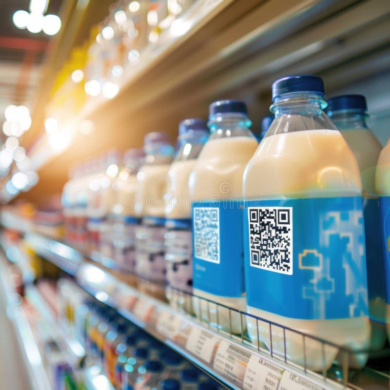 Milk Bottles with QR Code in a Grocery Store. Generative Ai Stock ...