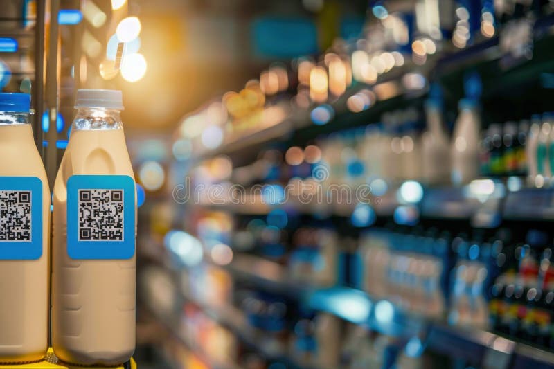 Milk Bottles with QR Code in a Grocery Store. Generative Ai Stock ...