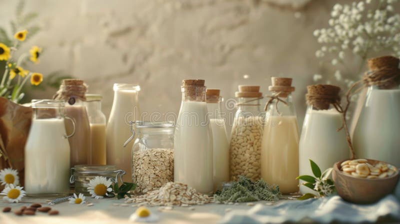 Milk Bottles on Table stock photo. Image of containers - 374160816