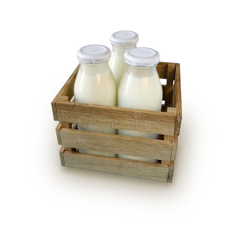 Milk in a Box on Wooden Table Overlooking a Meadow with Grazing Stock ...