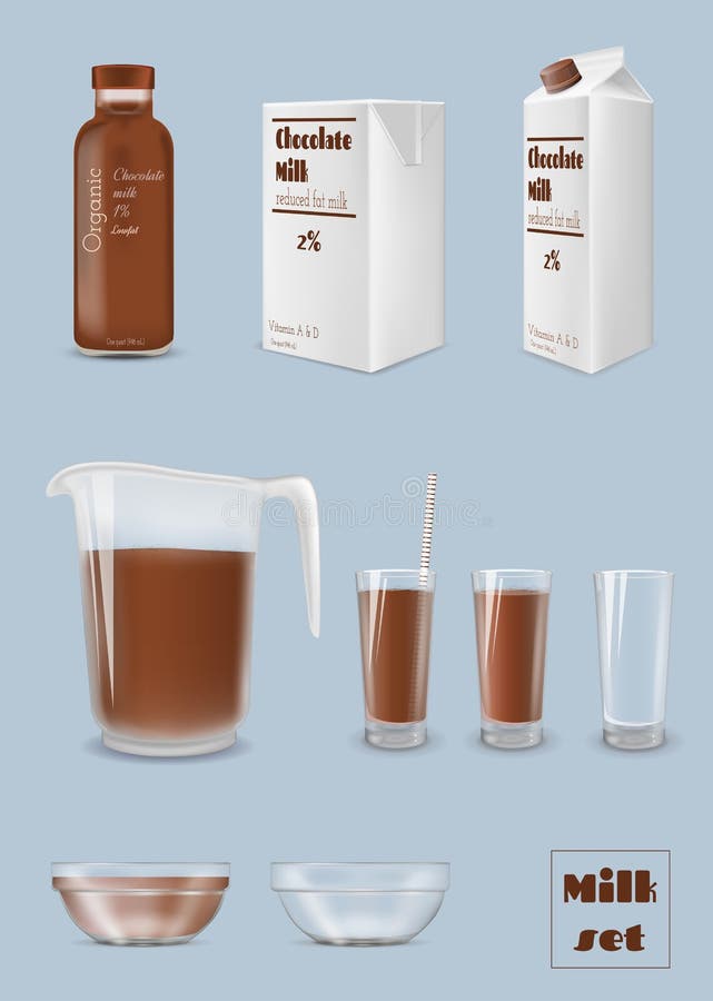 Milk Carton and Bottle, Glass of Chocolate Milk. Packaging and ...