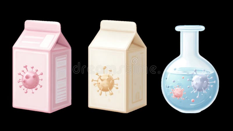 Milk Cartons and Laboratory Flask Containing Virus, Representing ...
