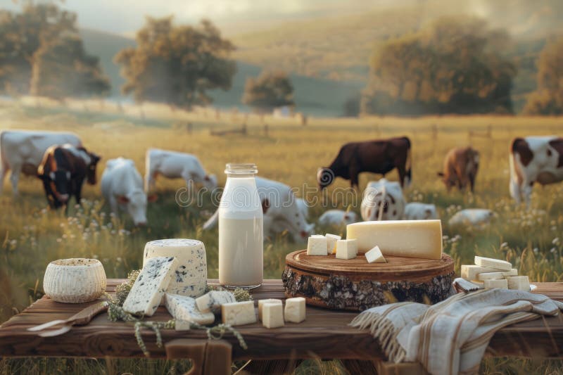Milk and Cheese on Rustic Table with Cows Grazing at the Meadow in the ...