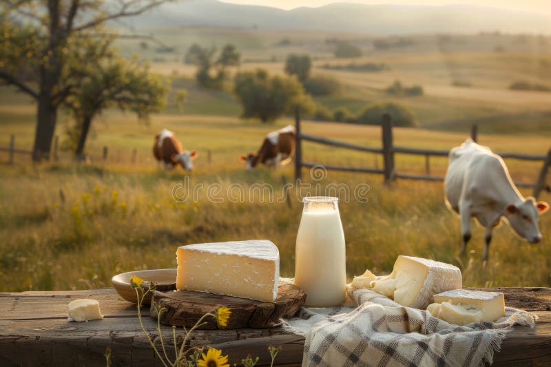 Milk and Cheese on Rustic Table with Cows Grazing at the Meadow in the ...