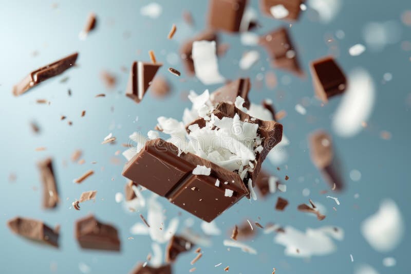 Chocolate Bar with Coconut Flakes Exploding on a Blue Background Stock ...