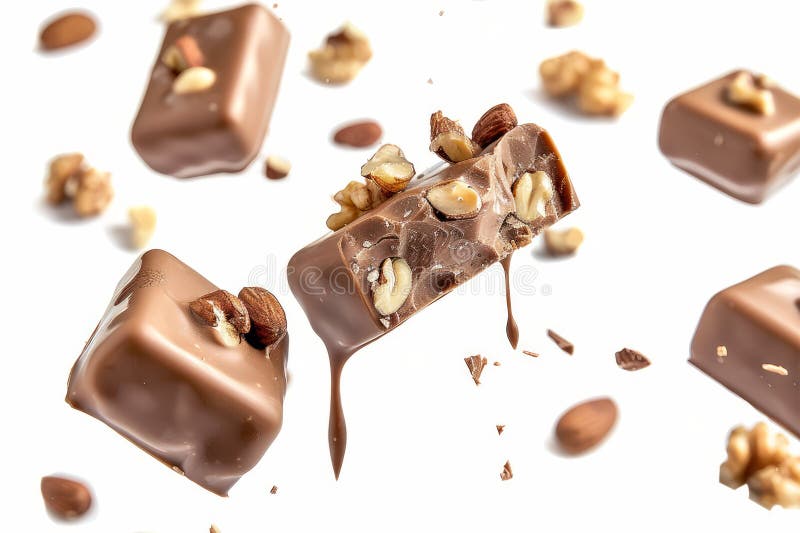 Milk Chocolate with Nuts in Flight on a Pure White Background. Stock ...