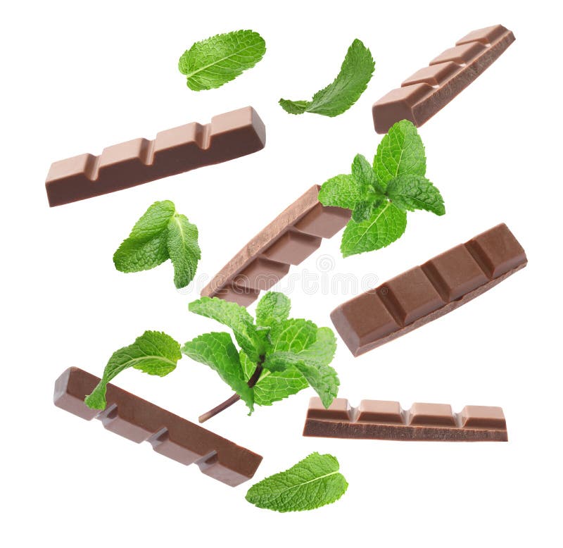 Milk Chocolate Pieces and Mint Falling Stock Photo - Image of milk ...