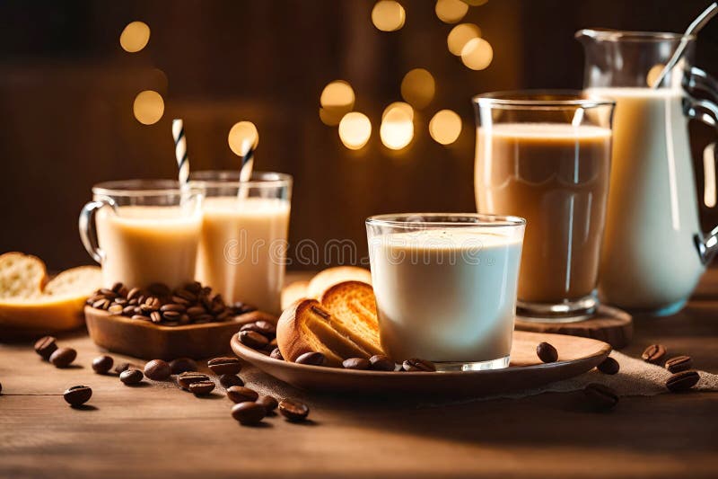 Milk Coffee on Table with Bread for Breakfast Menu in the Morning ...