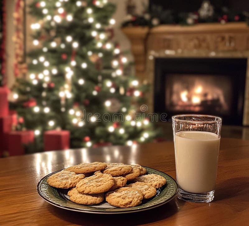 Milk and Cookies Set Out by a Christmas Tree Stock Illustration ...