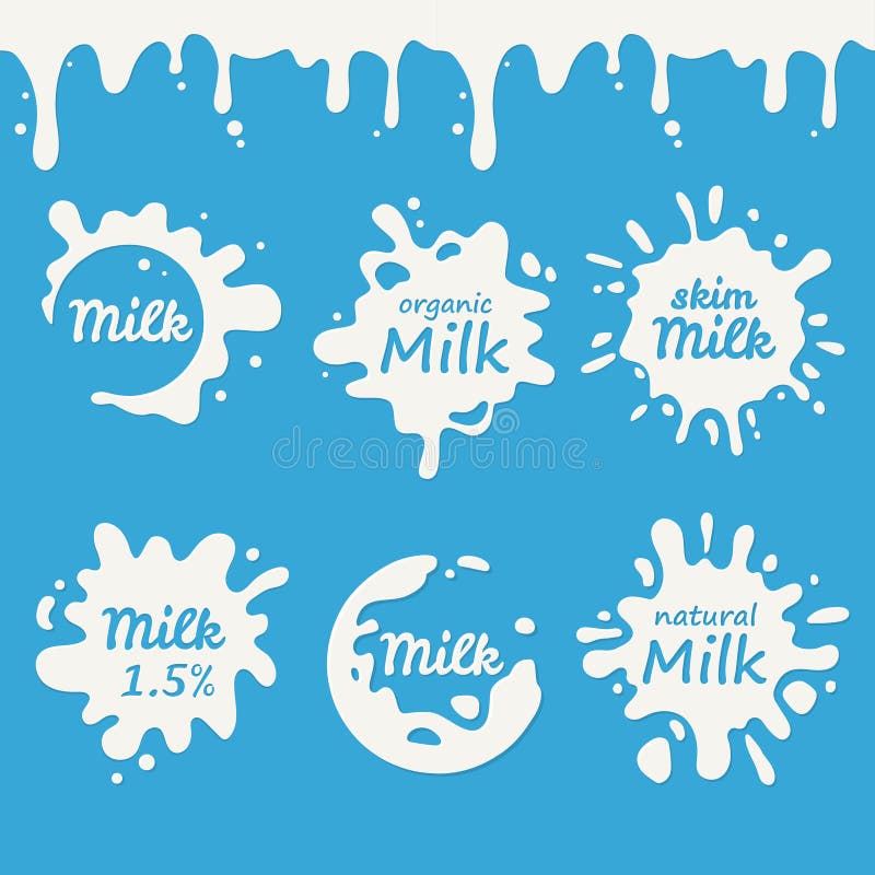 Milk and Cream Emblems and Dairy Labels with Blots and Splashes Drops ...