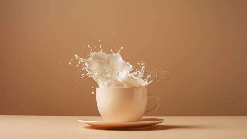 Milk Cream Exploding with Splashes from Cup. Coffee Concept. Beige ...