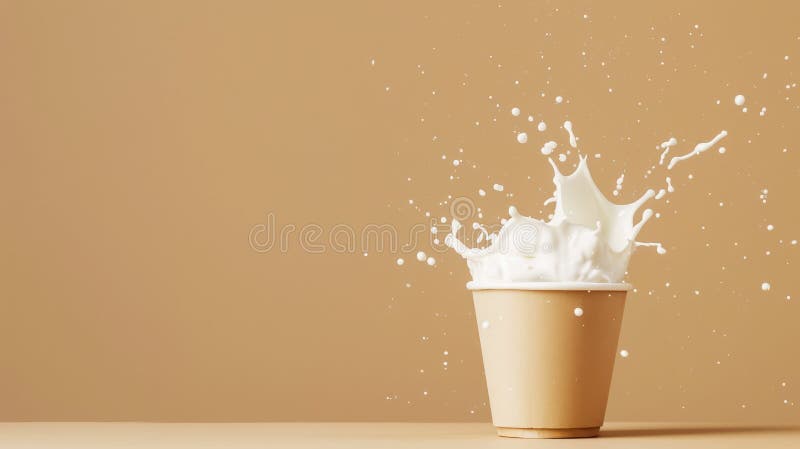 Milk Cream Exploding with Splashes from Cup. Coffee Concept. Beige ...