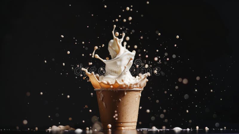 Milk Cream Exploding with Splashes from Cup. Coffee Concept. Dark ...