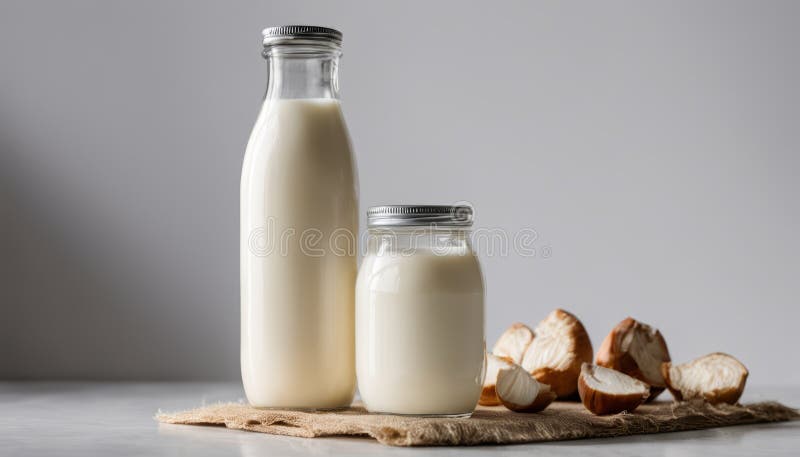 Milk and Cream in Jars and a Jar of Nuts on a Brown Cloth Stock ...