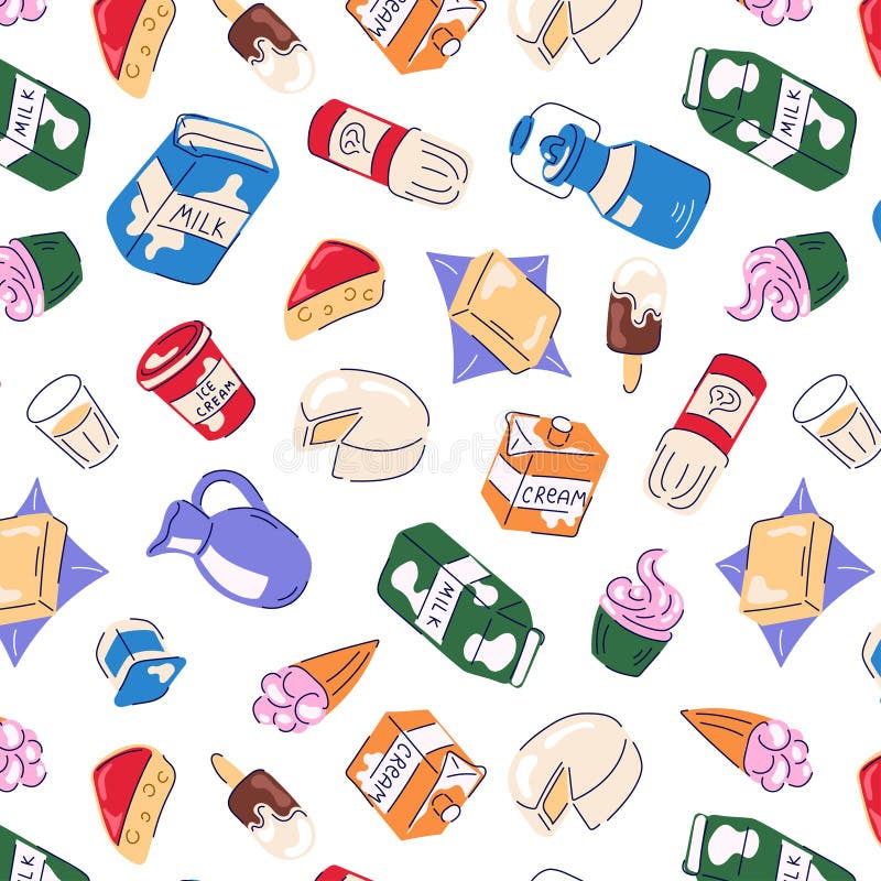Milk Dairy Product Cartoon Seamless Pattern Wallpaper Design With Ice