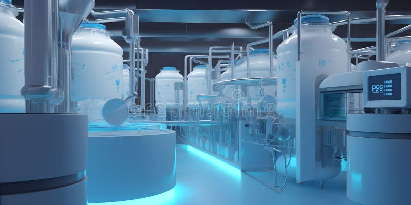 Milk-making Factory with Several Tanks Illuminated by Blue Light. AI ...