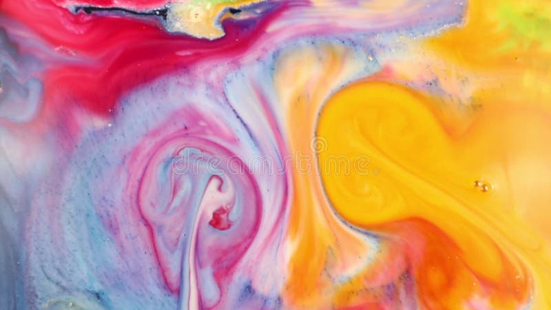 Milk is Poured into Bright Multi-colored Paint. Mixed Fluid Solution of ...