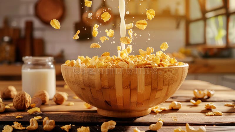 Milk is Poured in Cornflakes in Wooden Bowl. Exploding of Cornflakes ...