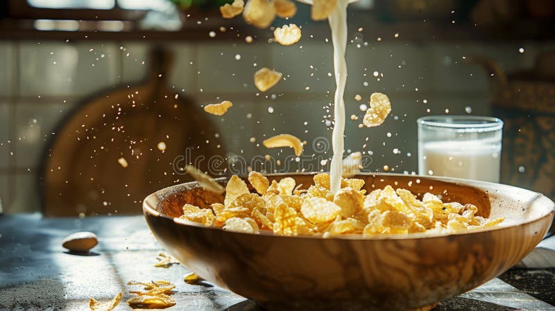 Milk is Poured in Cornflakes in Wooden Bowl. Exploding of Cornflakes ...