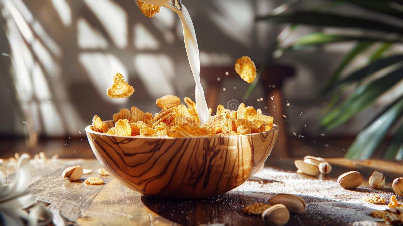 Milk is Poured in Cornflakes in Wooden Bowl. Exploding of Cornflakes ...
