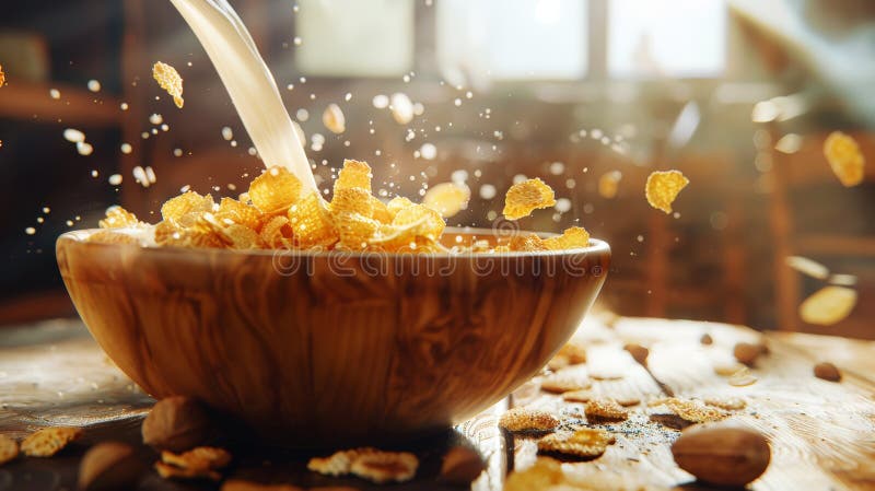 Milk is Poured in Cornflakes in Wooden Bowl. Exploding of Cornflakes ...