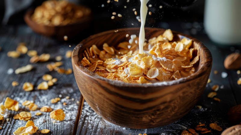 Milk is Poured in Cornflakes in Wooden Bowl. Exploding of Cornflakes ...