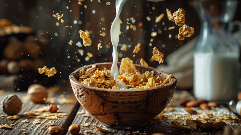 Milk is Poured in Cornflakes in Wooden Bowl. Exploding of Cornflakes ...