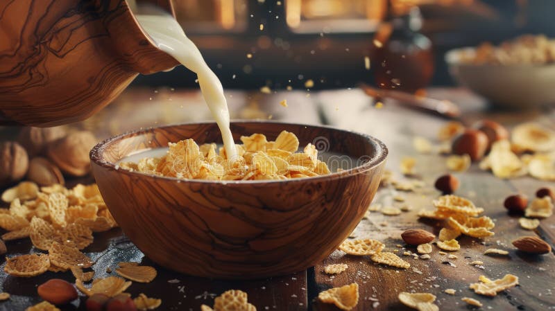 Milk is Poured in Cornflakes in Wooden Bowl. Exploding of Cornflakes ...