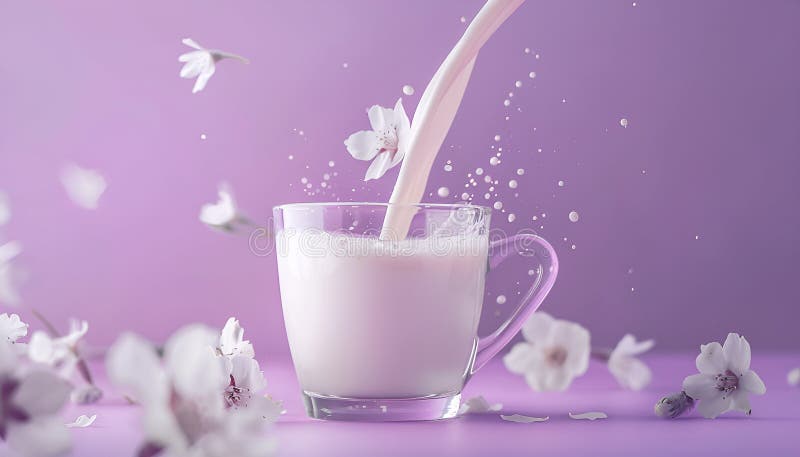 Milk is Poured into a Transparent Cup on a Purple Background Stock ...