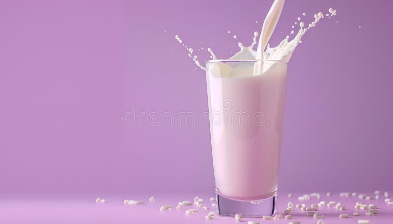 Milk is Poured into a Transparent Cup on a Purple Background Stock ...