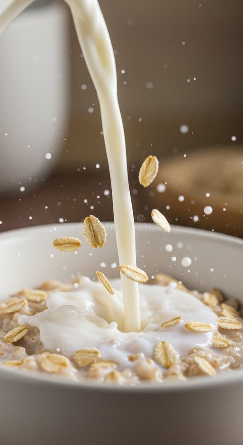 Milk Pouring into Oatmeal Bowl Creating Splash with Floating Oats Stock ...