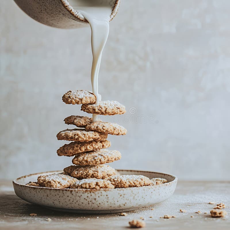 Milk Pouring Over a Stack of Oatmeal Cookies Stock Illustration ...