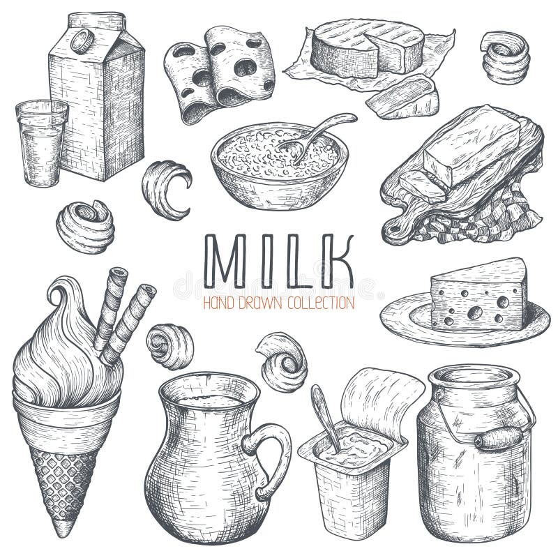 Milk Products Collection. Hand Drawn Elements. Vector Illustration ...