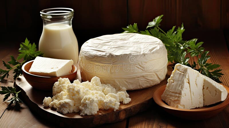 Milk and Several Types of Cheese and Cottage Cheese Stock Illustration ...