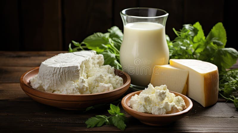Milk and Several Types of Cheese and Cottage Cheese Stock Illustration ...